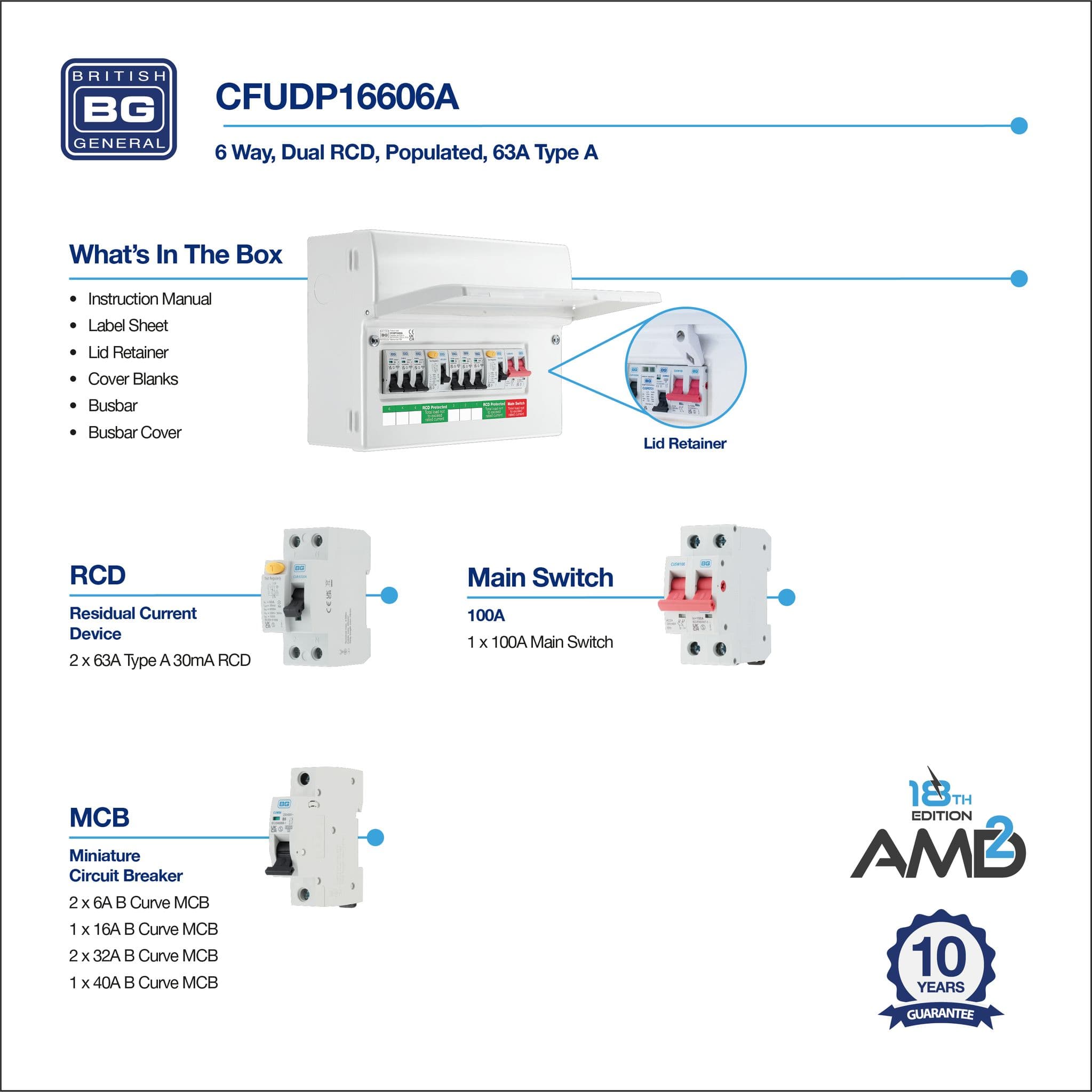 BG Fortress CFUDP16606A Dual RCD Populated Consumer 6 Way 2x63A Type A ...