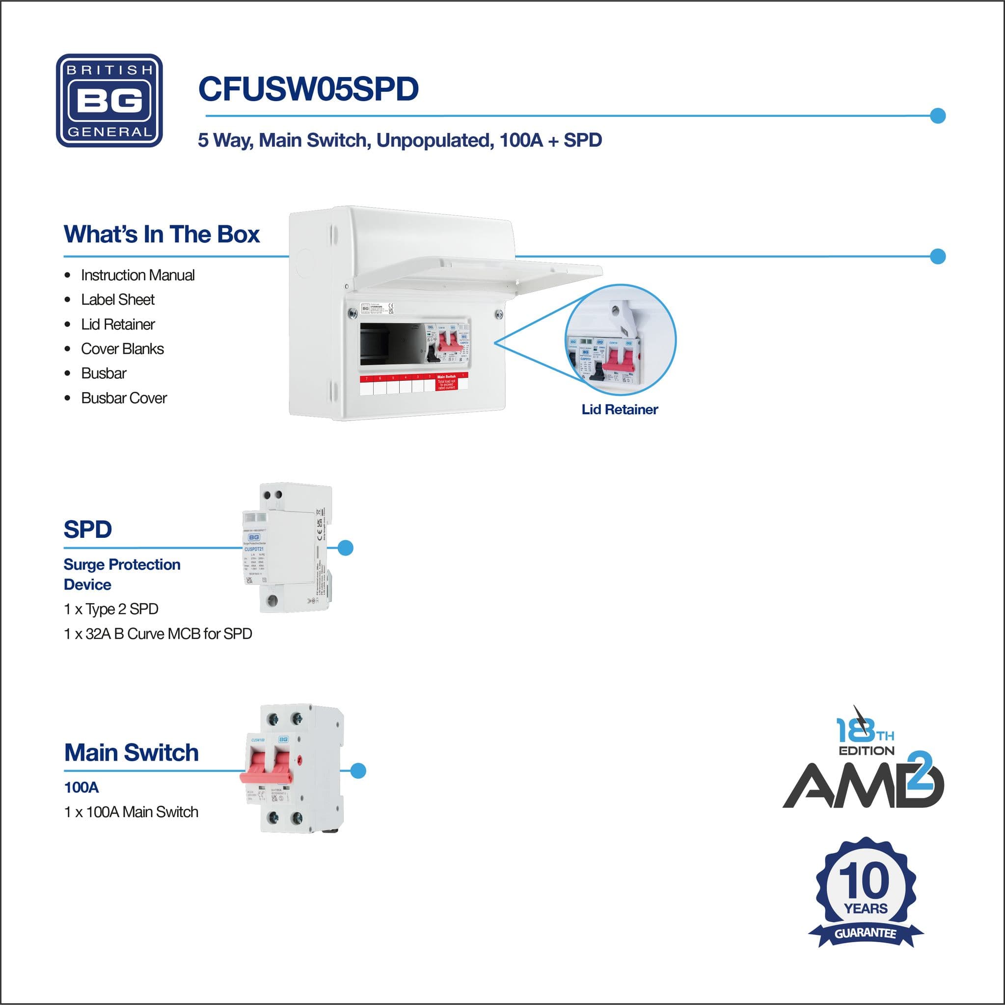BG Fortress CFUSW05SPD Main Switch 100A Unpopulated 5 Way Consumer With SPD