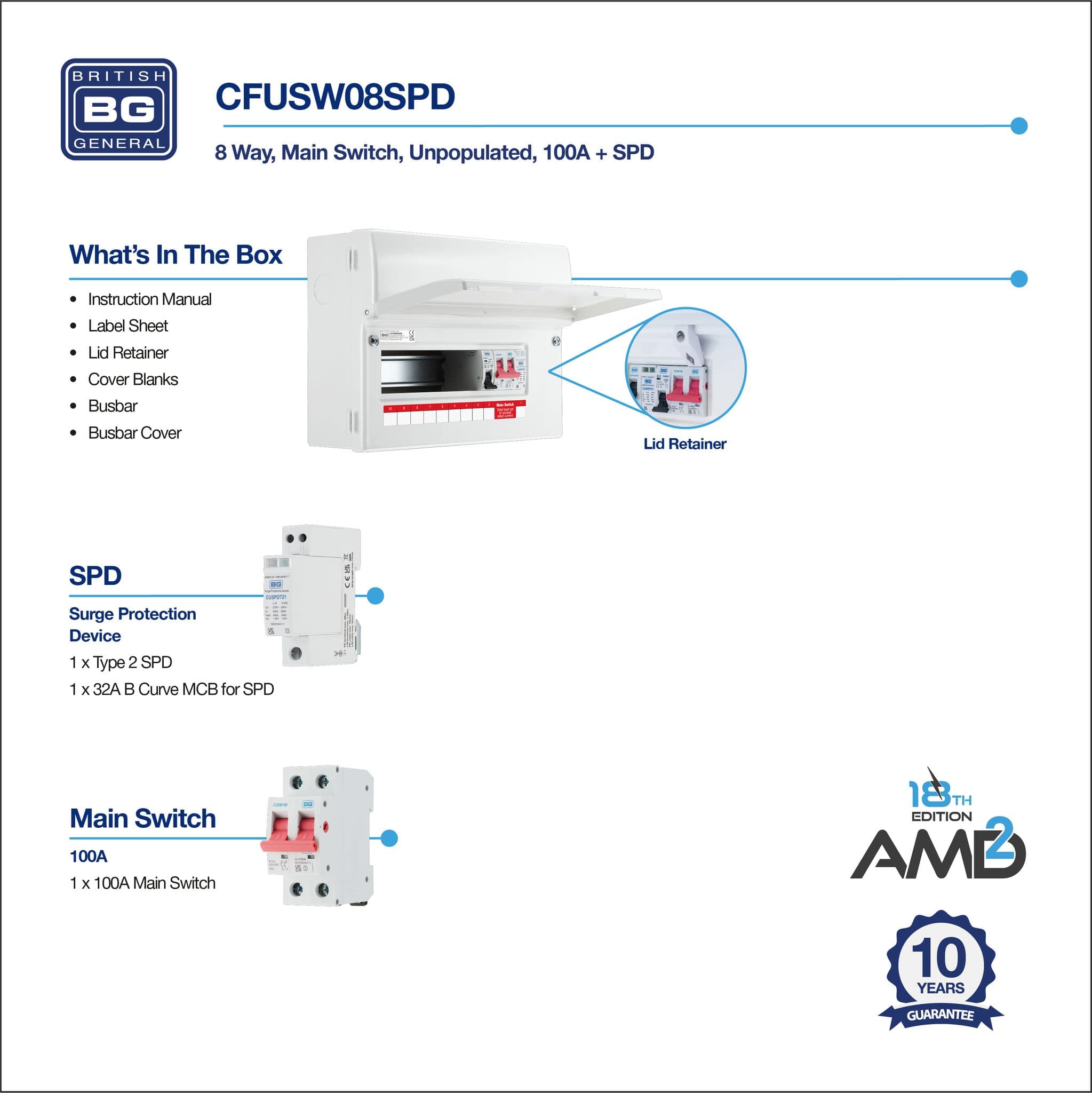 BG Fortress CFUSW08SPD Main Switch 100A Unpopulated 8 Way Consumer With SPD