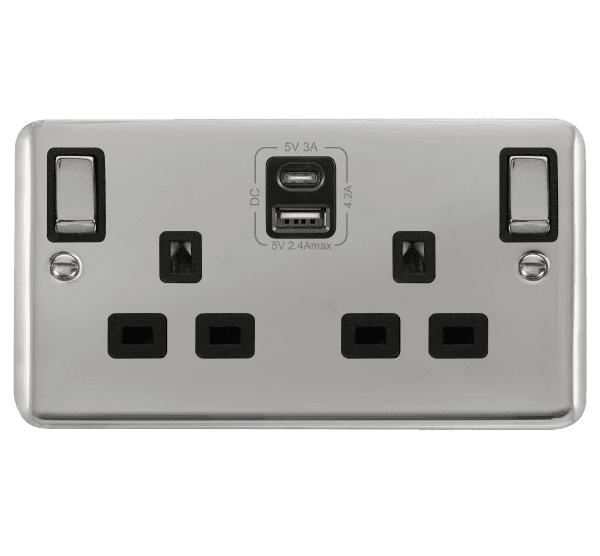 Click Deco Plus DPCH586BK 2 Gang 13A Switched Socket 42A A&C USB DPch Chrome With Black Insert