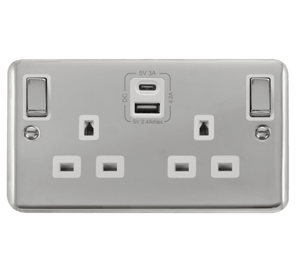 Click Deco Plus DPCH586WH 2 Gang 13A Switched Socket 42A A&C USB DPch Chrome With White Insert