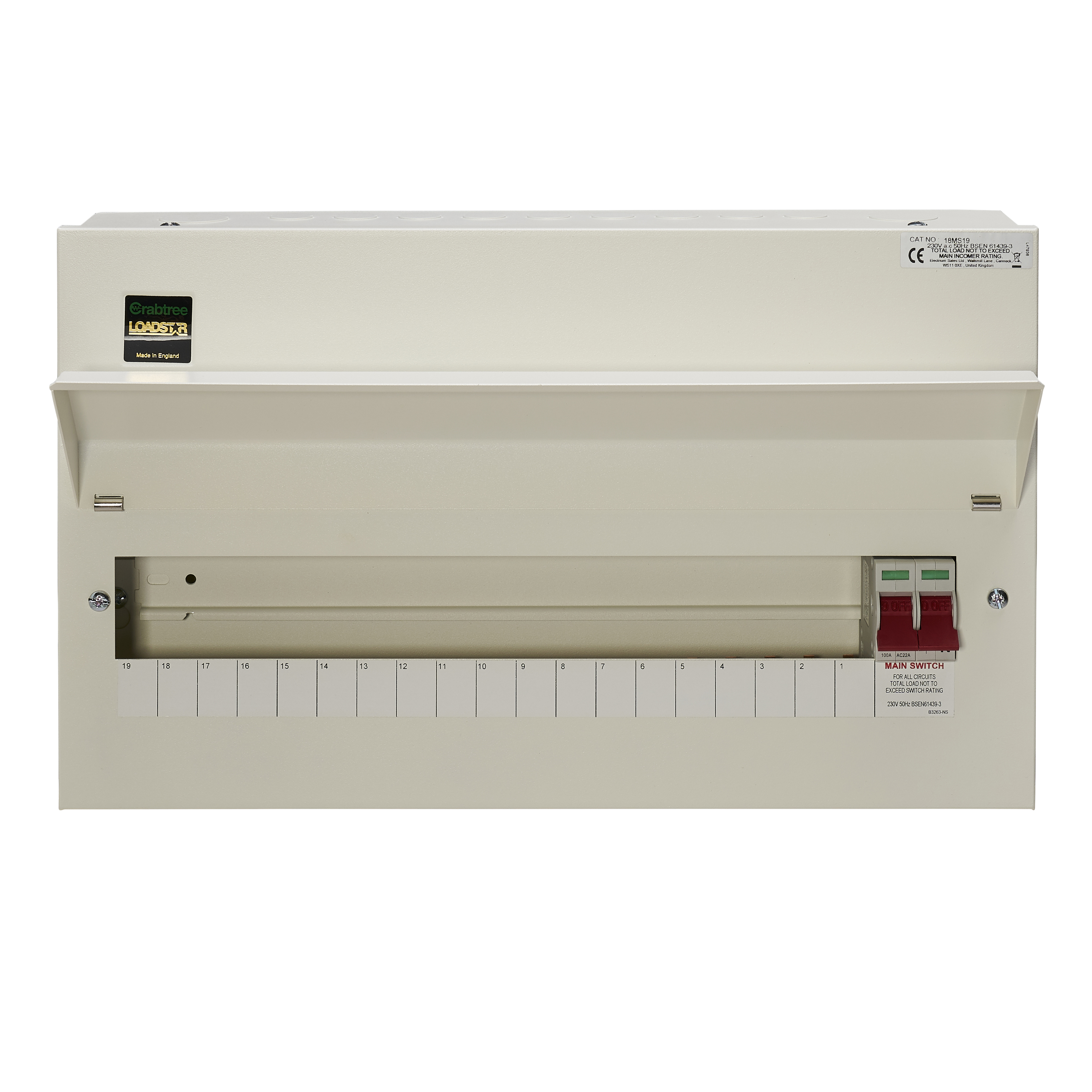 Crabtree 18MS19 Loadstar 19 Way Consumer Unit Main Switch 100A Flexible ...