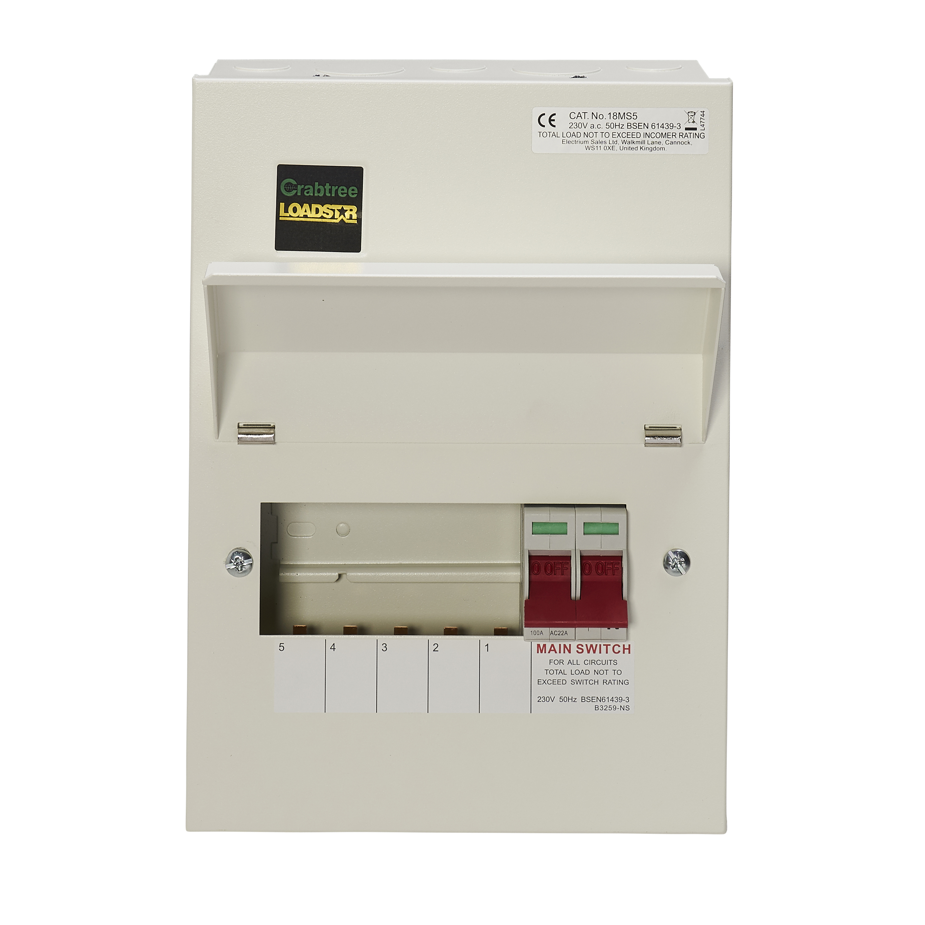 Crabtree 18MS5 Loadstar 5 Way Consumer Unit Main Switch 100A Flexible ...