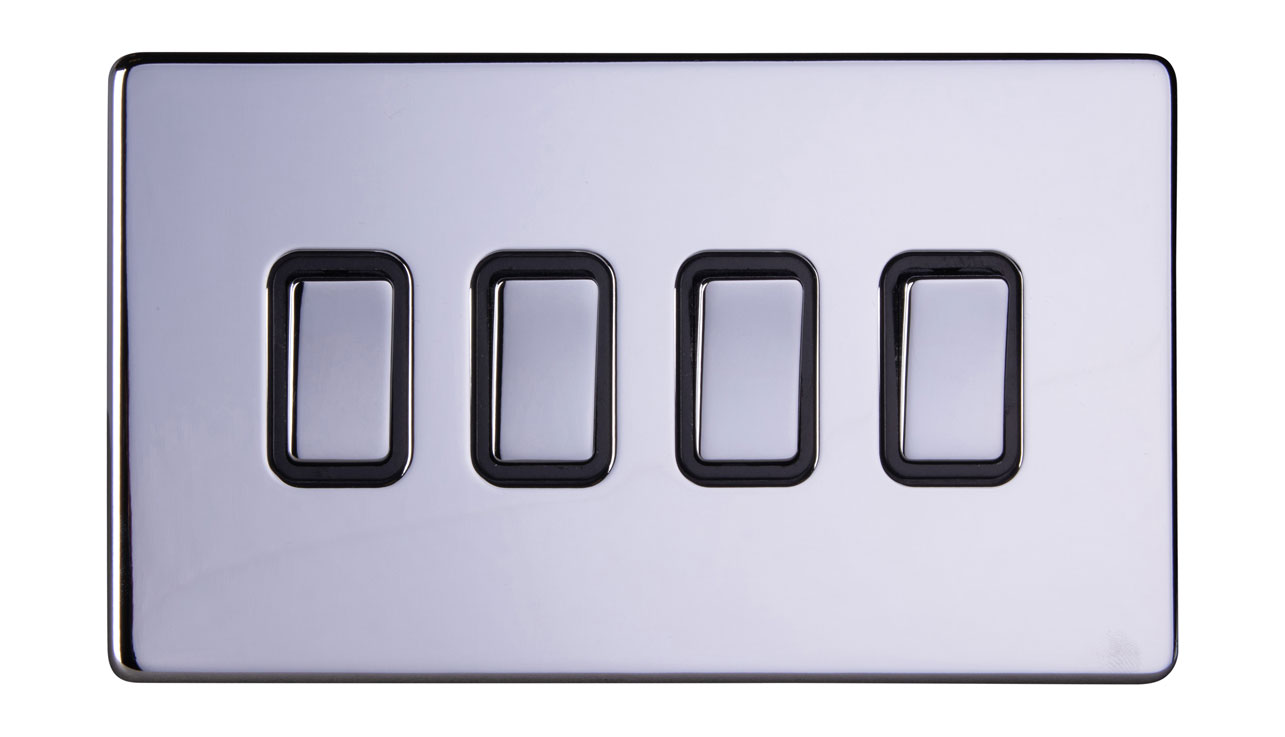 Deta 8504CHB Ultra Screwless 4 Gang 2 Way 10AX Plate Switch Chrome ...