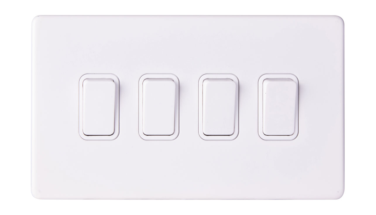 Deta 8504WHW Ultra Screwless 4 Gang 2 Way 10AX Plate Switch White Box Of 5