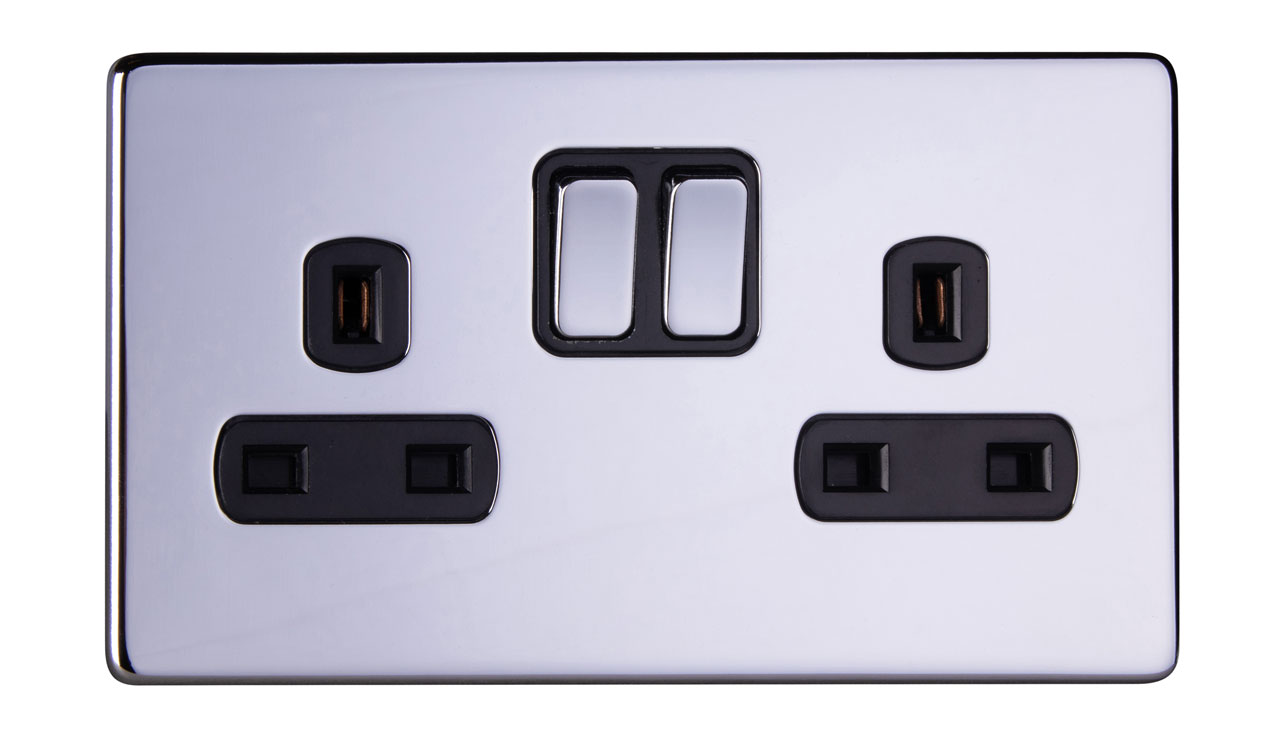 Deta 8532CHB Ultra Screwless 2 Gang 13A Switched Socket DP Chrome Black ...