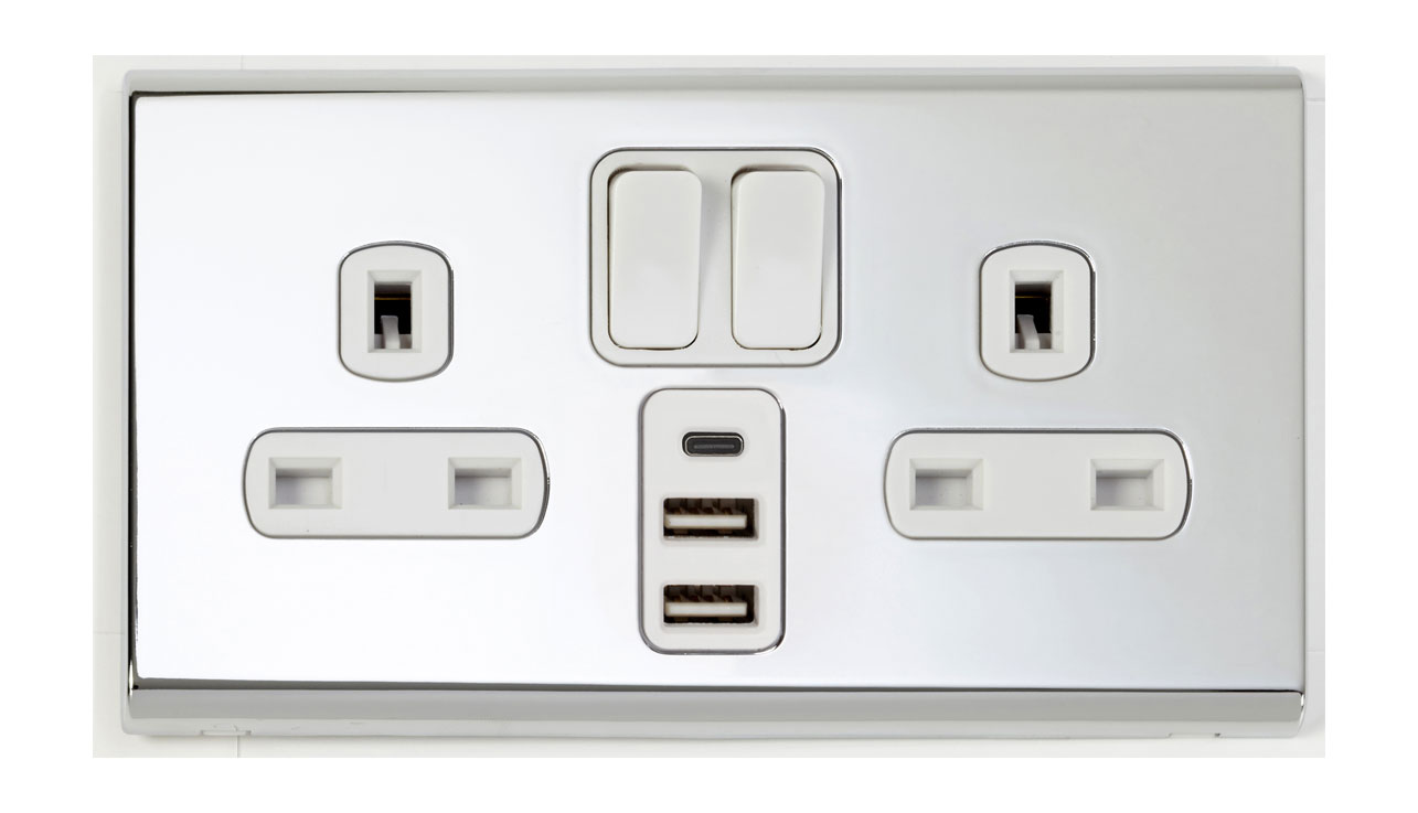Deta 8668CHW Slimline Screwless 13A 2 Gang Switched Socket with 3 USB ...