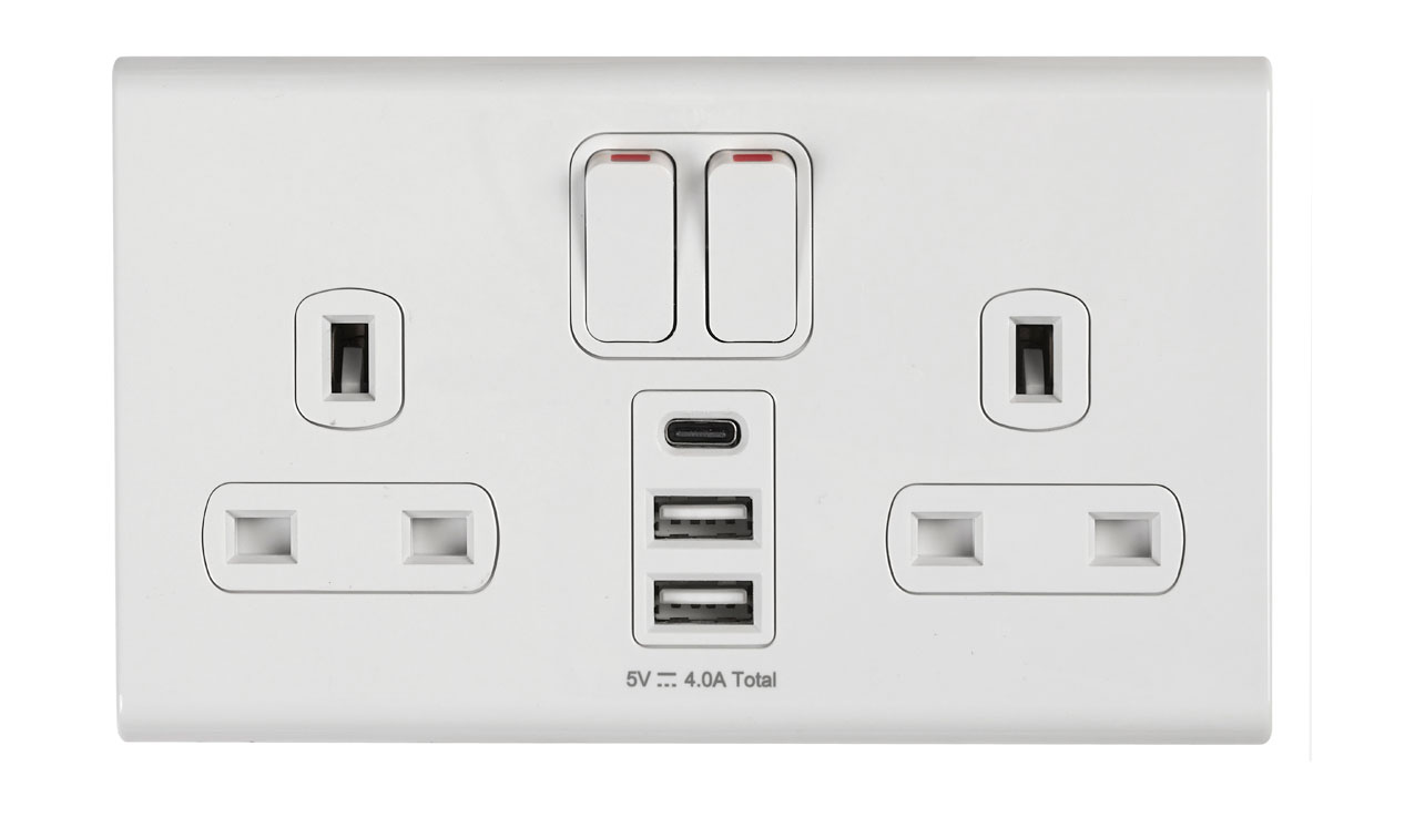 Deta 8668WHW Slimline Screwless 13A 2 Gang Switched Socket with 3 USB ...