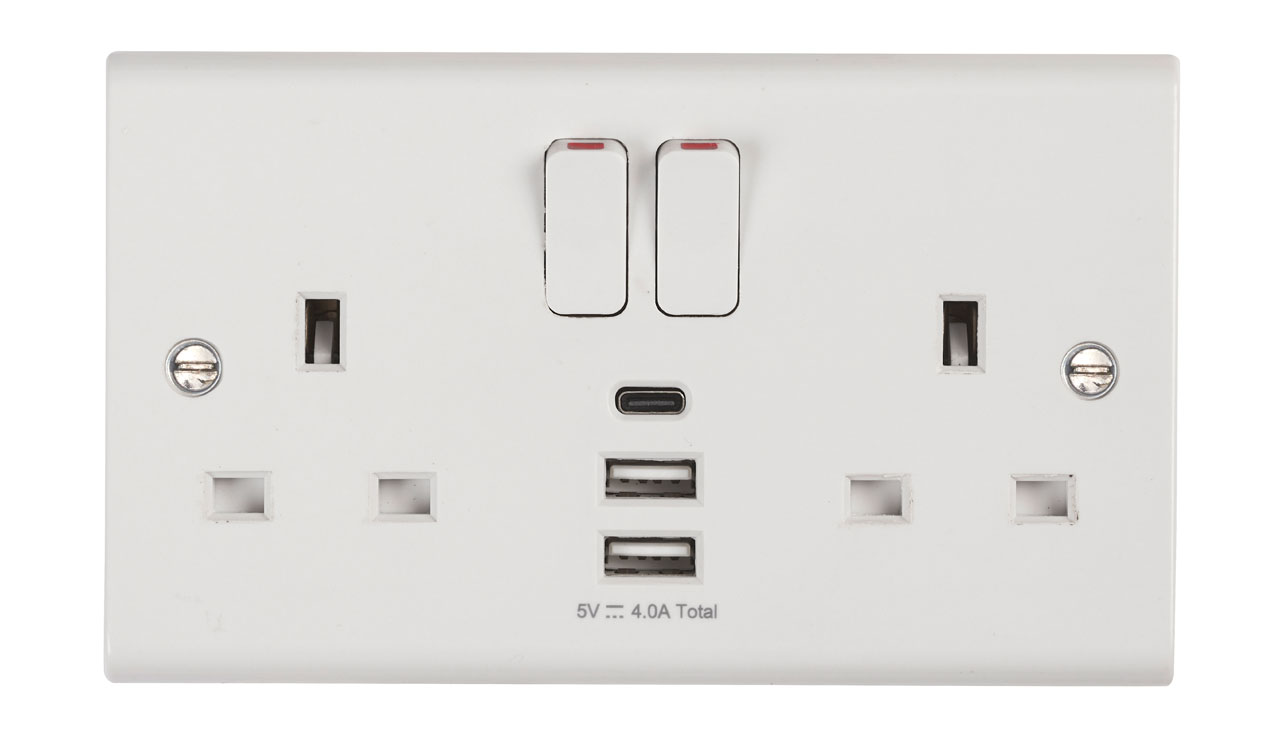 Deta S1288 Slimline 13A 2 Gang Switched Socket with 3 USB Ports 1 x ...