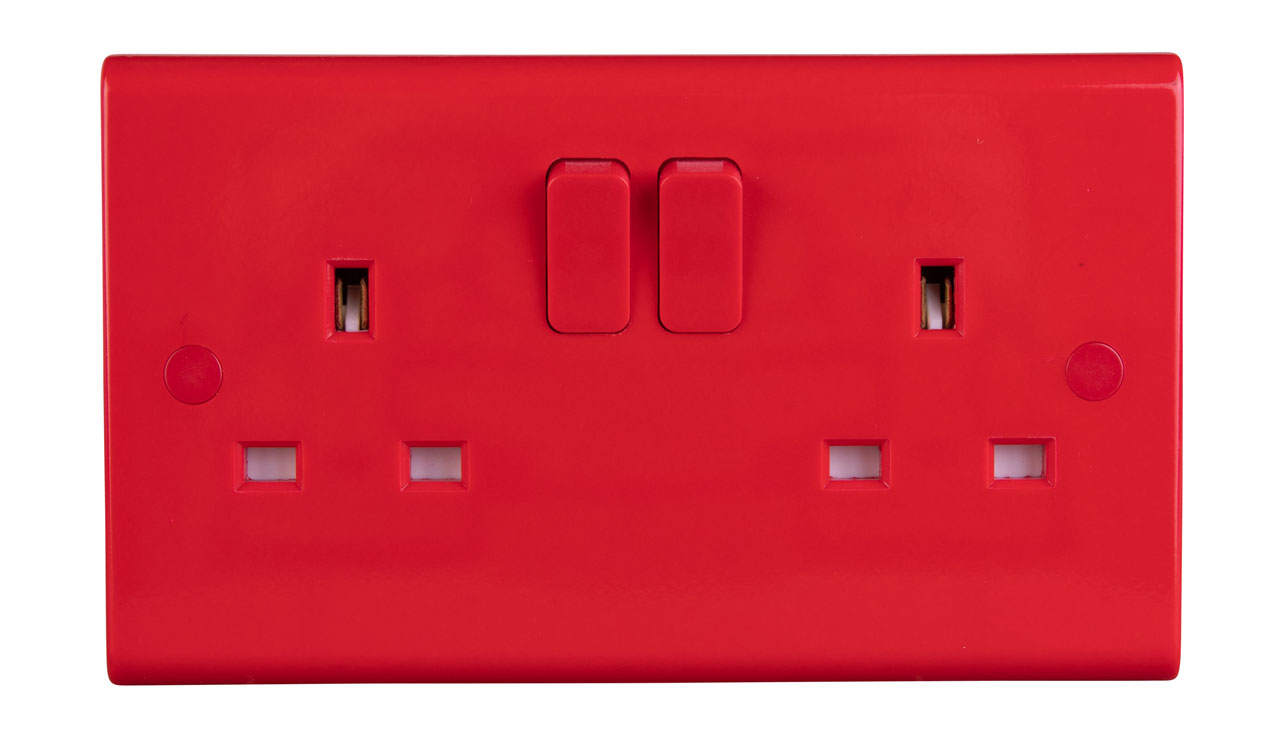 Deta S1292 Slimline 13A 2 Gang DP Switched Socket with Red Face Plate ...