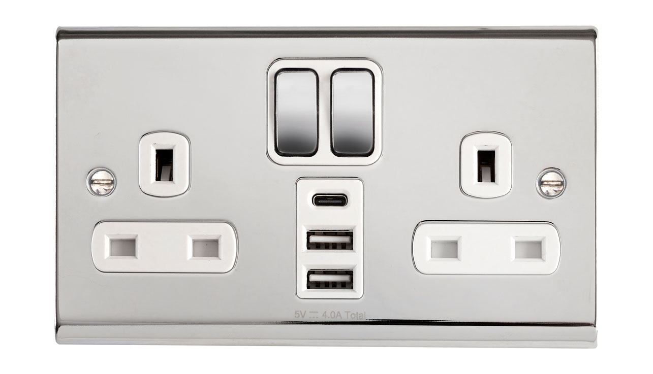 Deta SD1288CHW Slimline Decor 13A 2 Gang Switched Socket with 3 USB ...