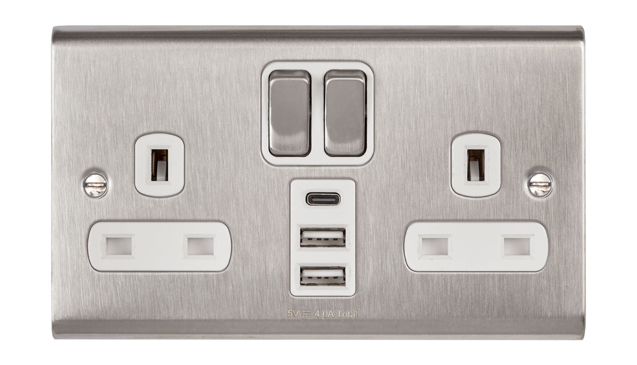 Deta SD1288SSW Slimline Decor 2 Gang 13A Switched Socket with 3 USB ...