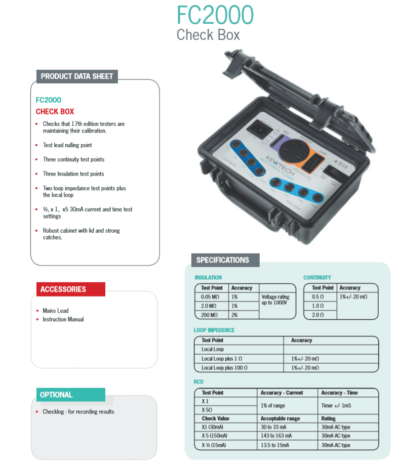 Kewtech FC2000 Calibrtion Full Check Box Loop Insulation/Continuity & RCD