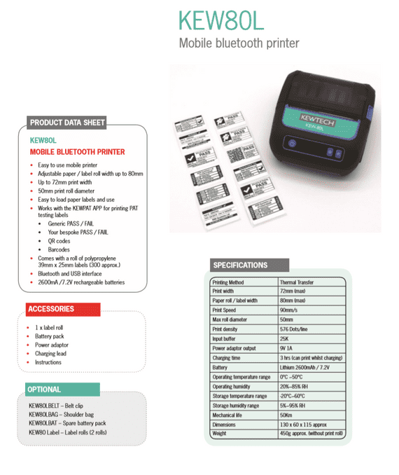 Kewtech KEW80L Bluetooth Label Printer