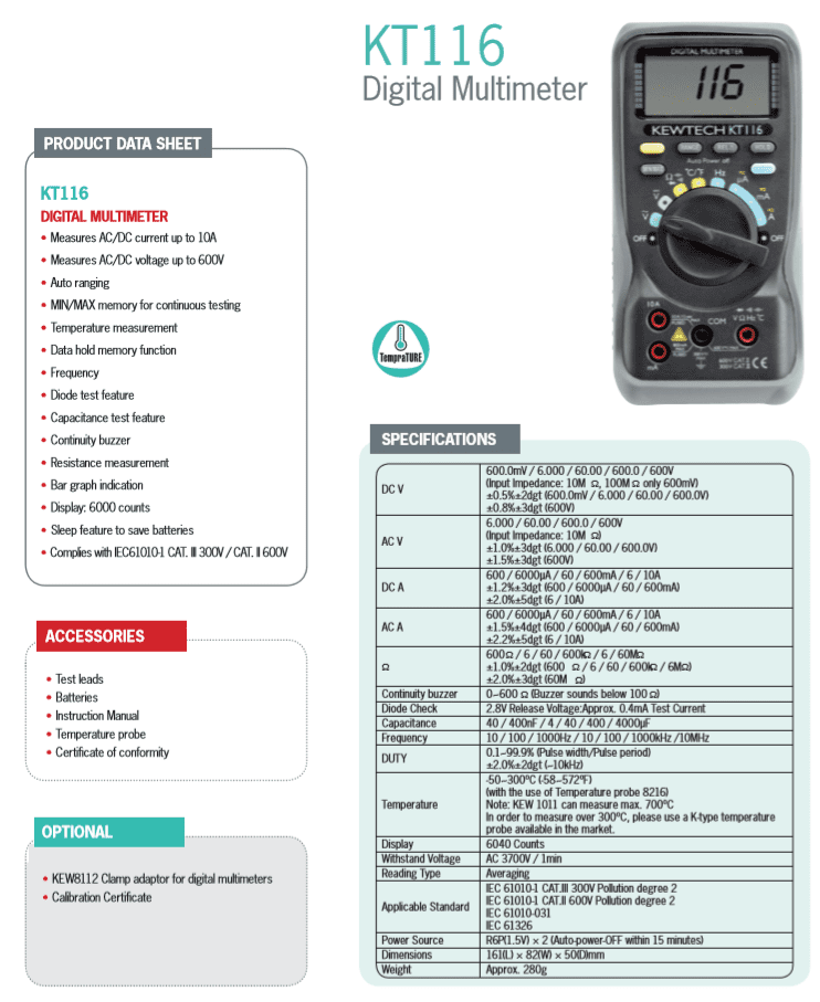 Kewtech KT116 Digital AC/DC 10A 600V Multimeter With Temperature ...