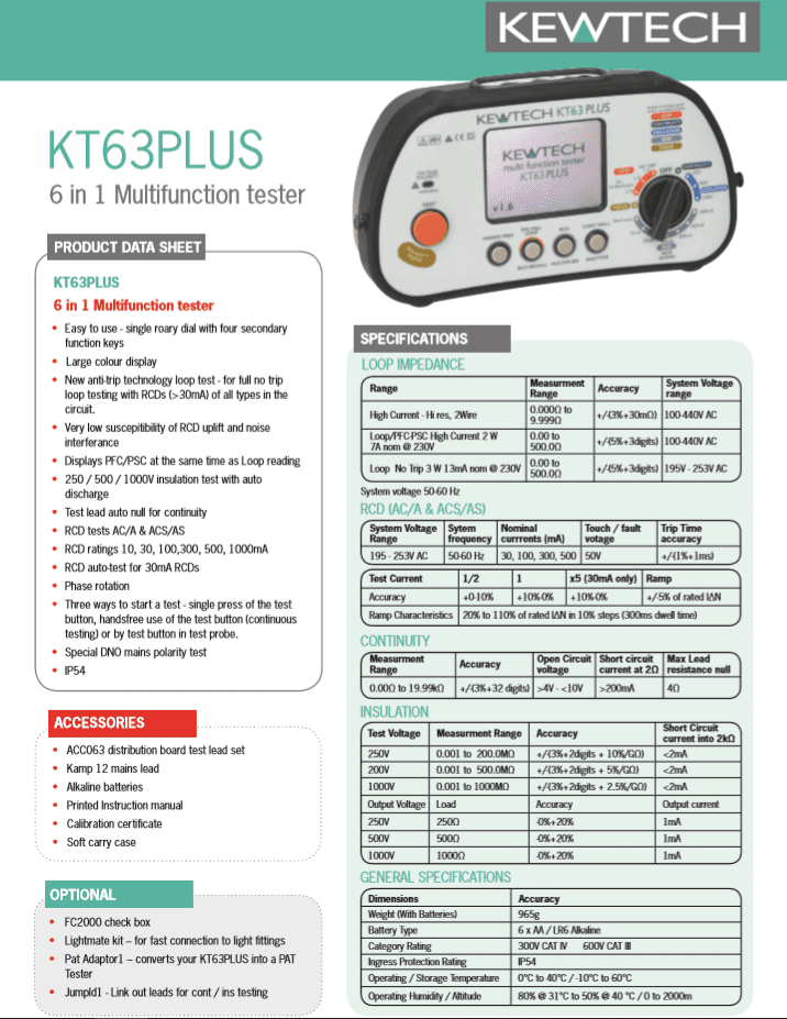Kewtech KT63Plus Multifunction 6-in-1 Tester