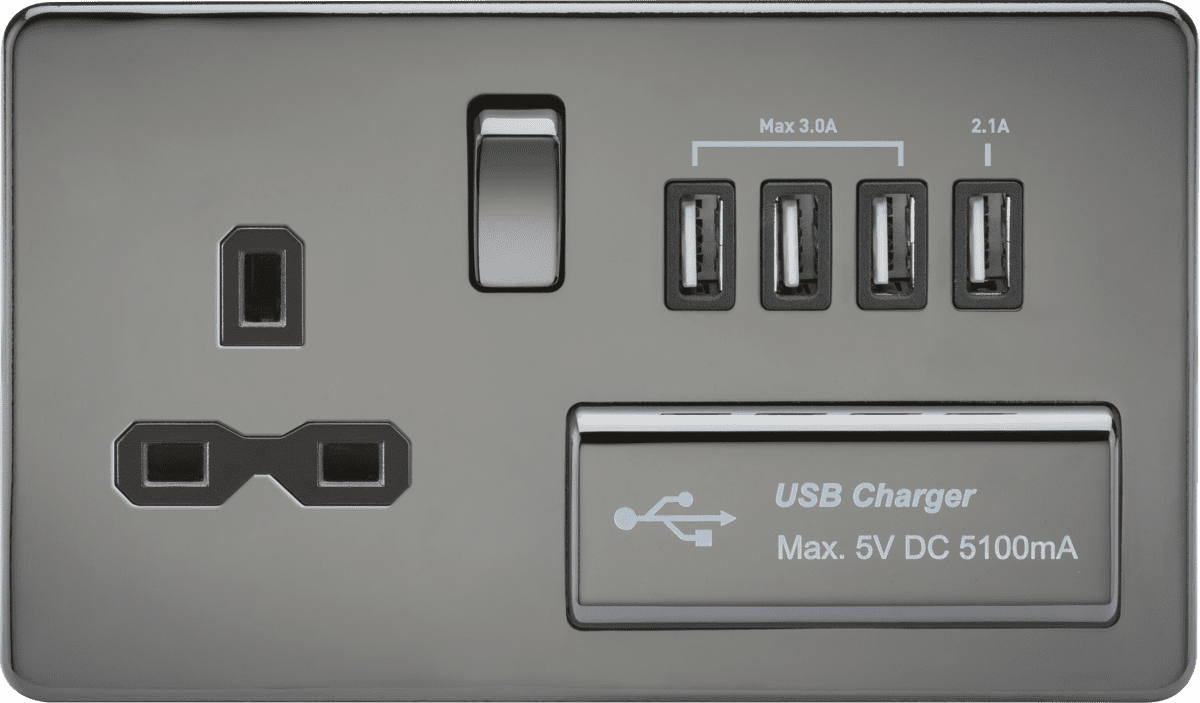 ML Accessories SFR7USB4BN Screwless 13A switched socket with quad USB ...
