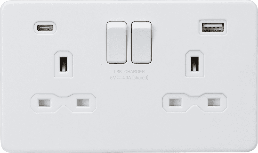 ML Accessories SFR9940MW 13A 2G SP Switched Socket with Dual USB A C 5V DC 4 0A shared - Matt ...