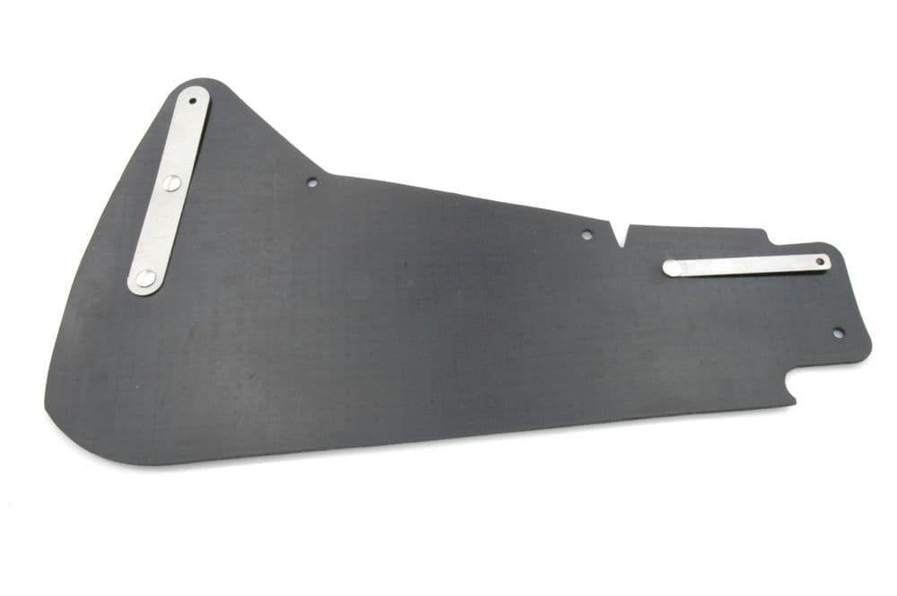 Mud flap behind left rear wheel on rear panel