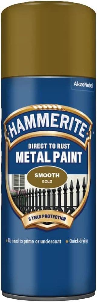 Hammerite Direct to Rust Metal Paint Aerosol Smooth Gold Finish 400ML