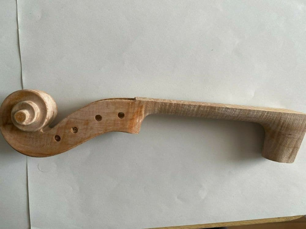 HAND CARVED VIOLIN SCROLL AND NECK FROM FINE AGED MAPLE