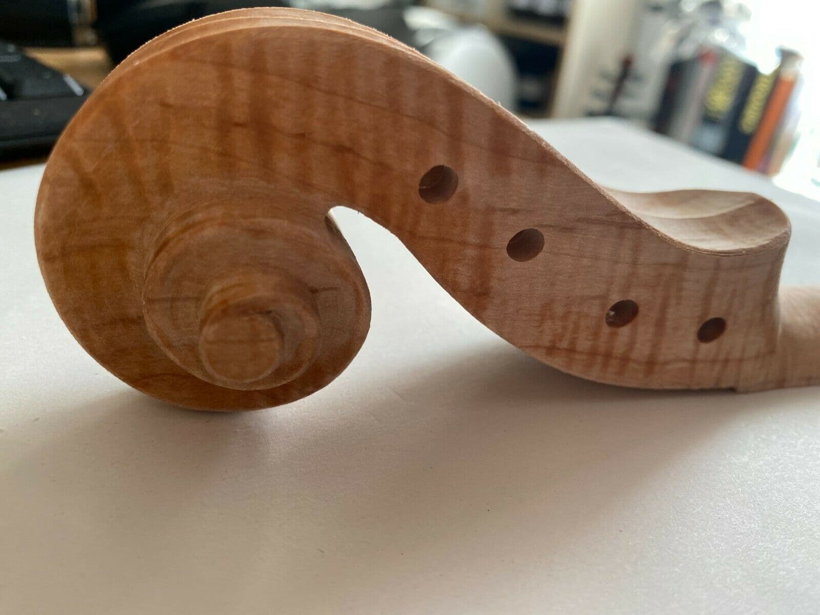 HAND CARVED VIOLIN SCROLL AND NECK FROM FINE AGED MAPLE