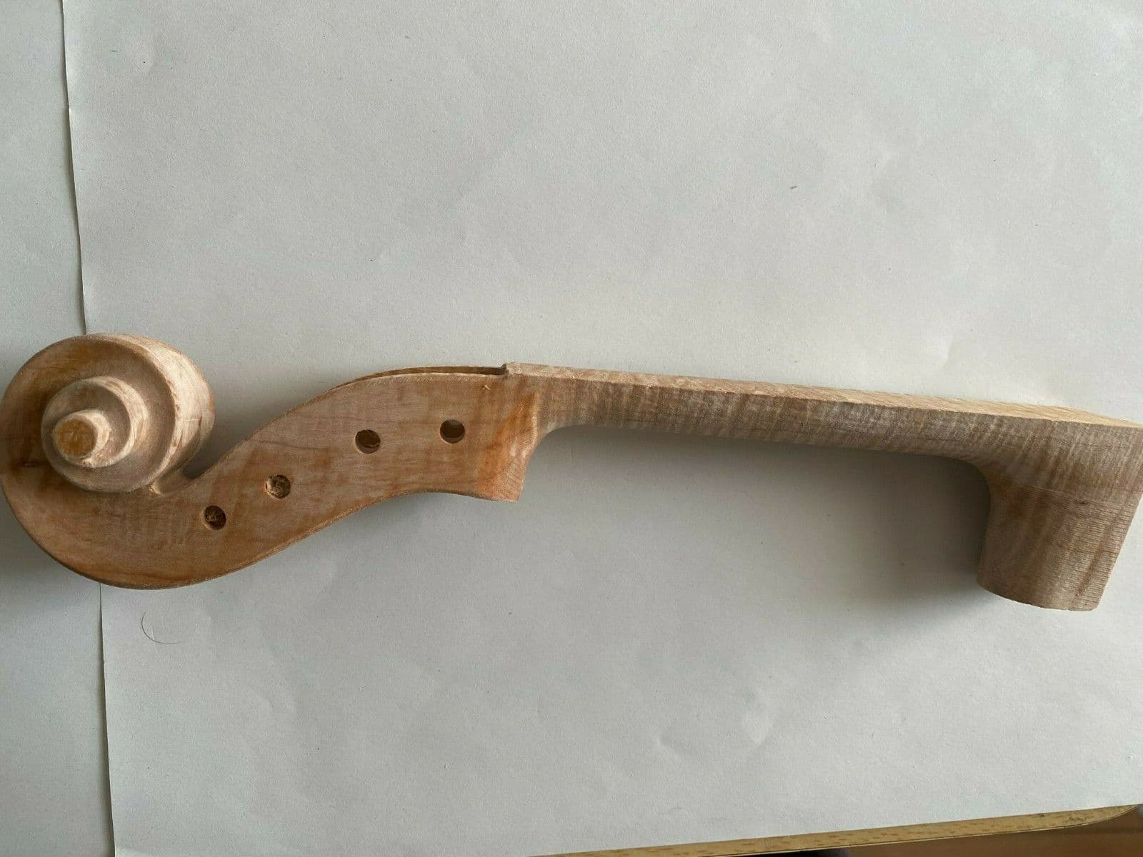 HAND CARVED VIOLIN SCROLL AND NECK FROM FINE AGED MAPLE