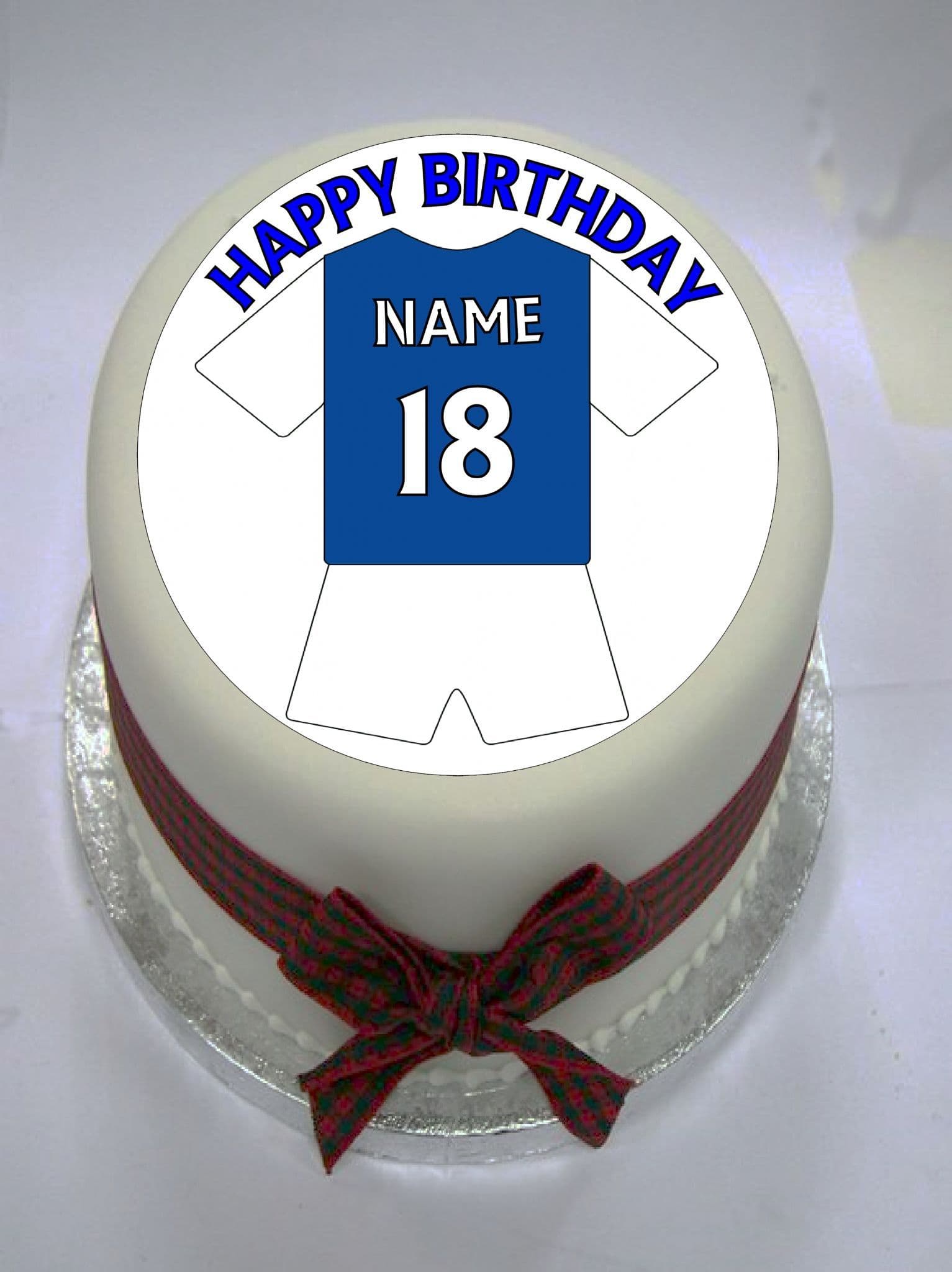 Blue & White option 1 Football Shirt Edible Cake Topper