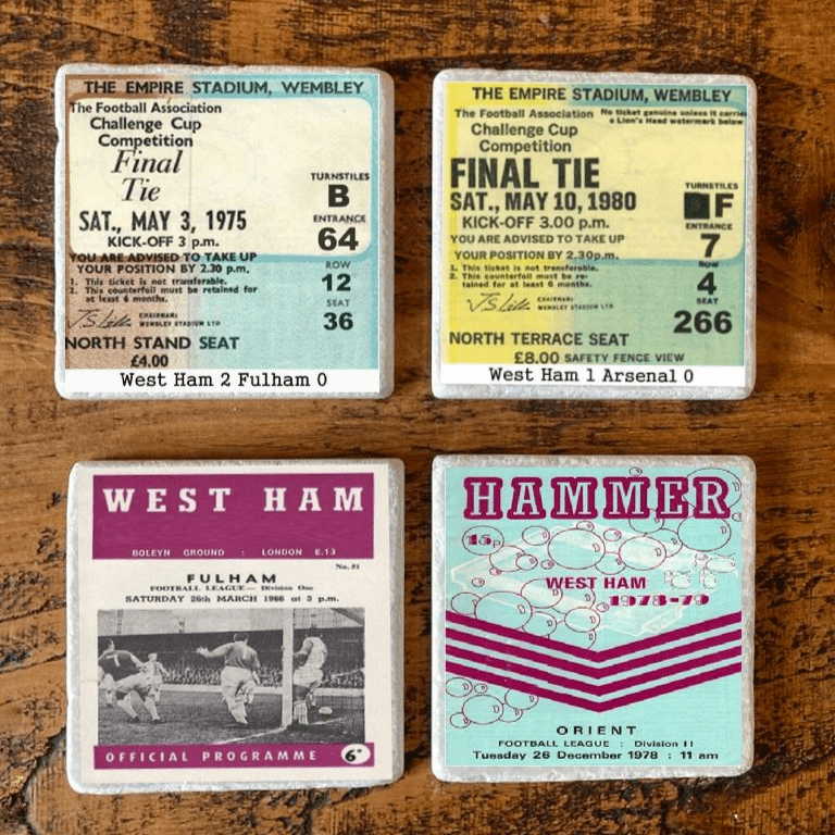 West Ham -1975 & 1980 Cup Final Marble coasters & Home Programmes