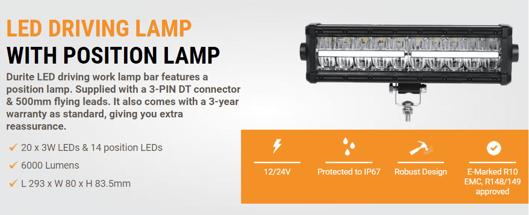DURITE 60W LED Driving Work Lamp Bar With Position Lamp - 12/24V 0-421 ...