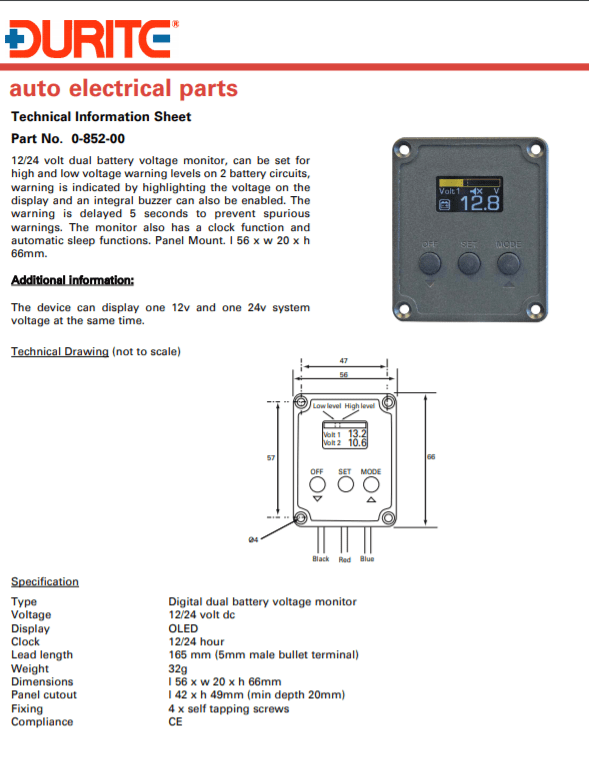 12/24V Dual Battery Voltage Monitor-0-852-00
