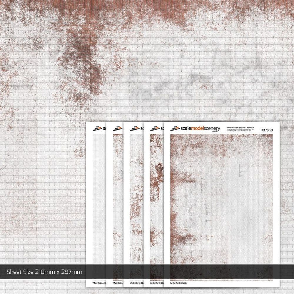 TX178-50 Weathered White Painted Brick Paper Pack of 5 - 1 50 Scale