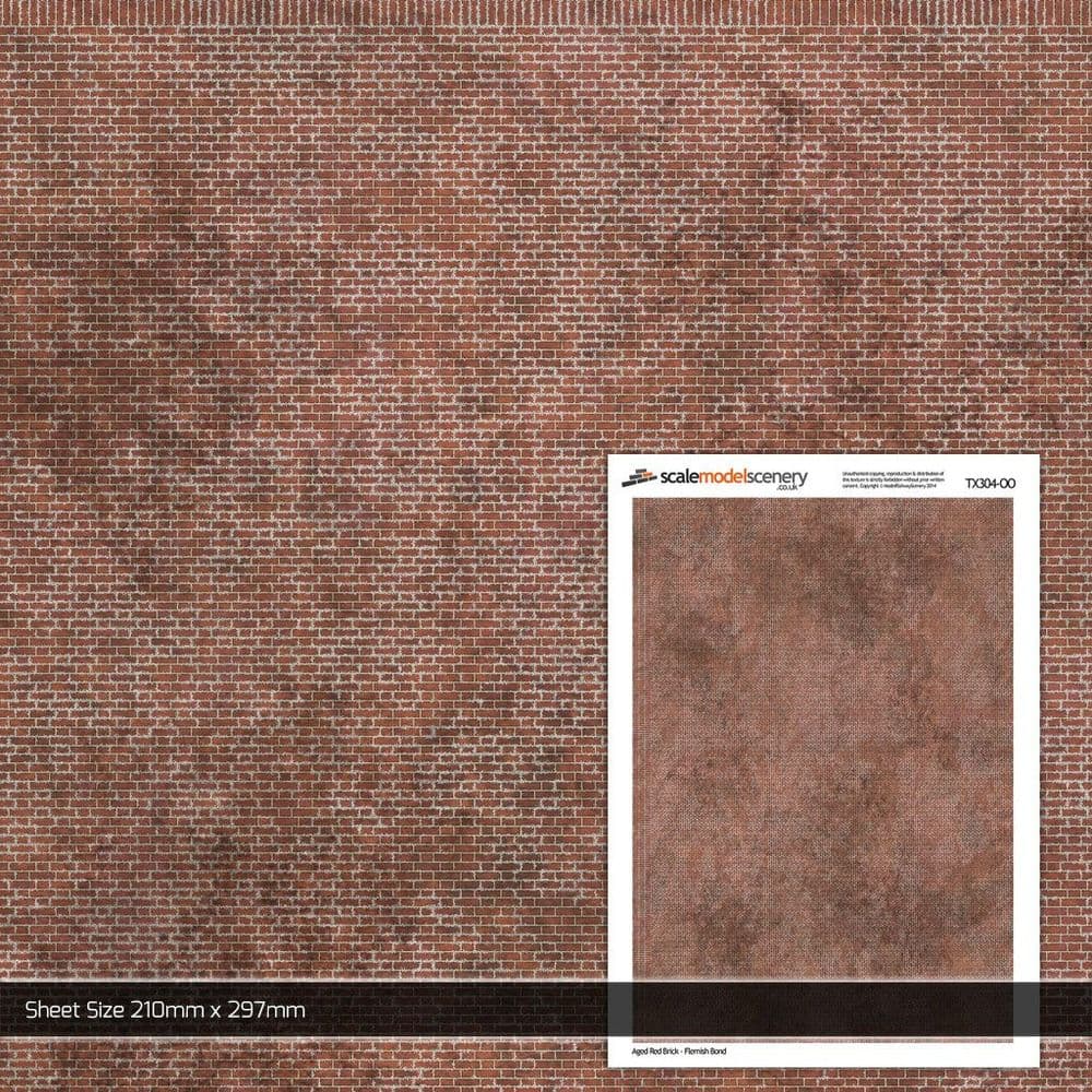 TX304-OO Flemish Bond Aged Red Brick Paper (Pack of 5) For OO/4mm/1:76