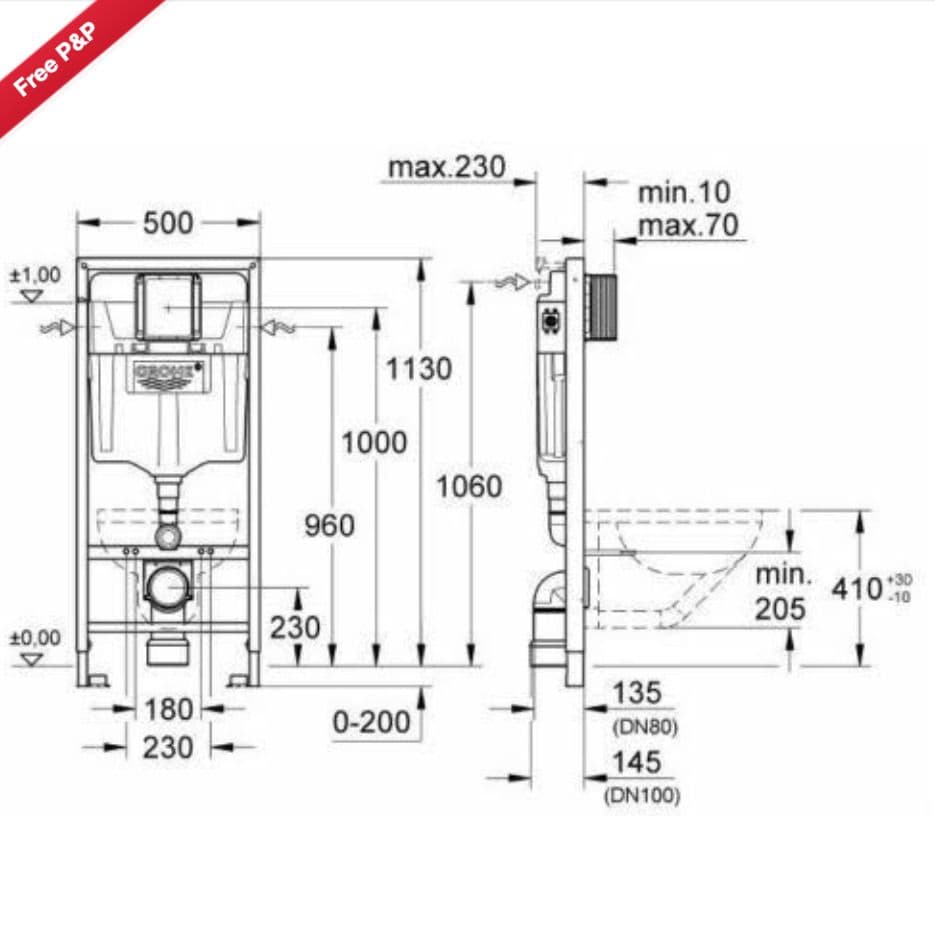 GEBERIT Frame UP100 Delta Flush Plate Rimless Soft Closing WC Wall Hung ...