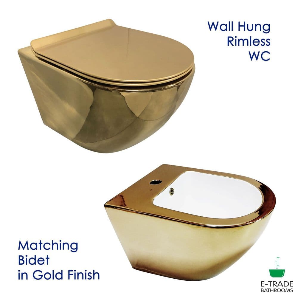 GOLD WALL HUNG COMPACT RIMLESS WC SOFT CLOSING with MATCHING BIDET in ...