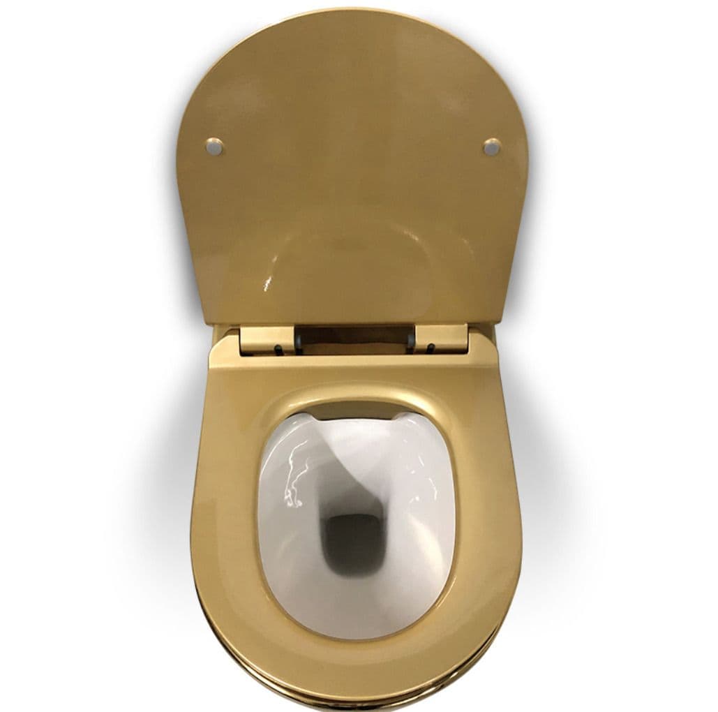 GOLDEN TOILET WALL HUNG COMPACT RIMLESS GOLD WC WITH SLIM SOFT CLOSING SEAT