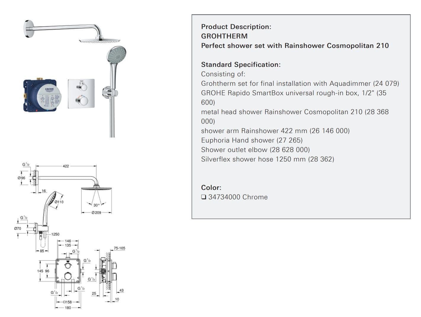 GROHE Grohtherm Perfect Shower Set Rainshower Cosmopolitan 210 Chrome ...