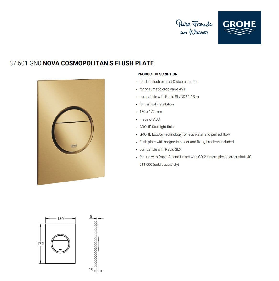 GROHE Nova Cosmopolitan S FLUSH PLATE 37601GN0 BRUSHED GOLD COOL SUNRISE
