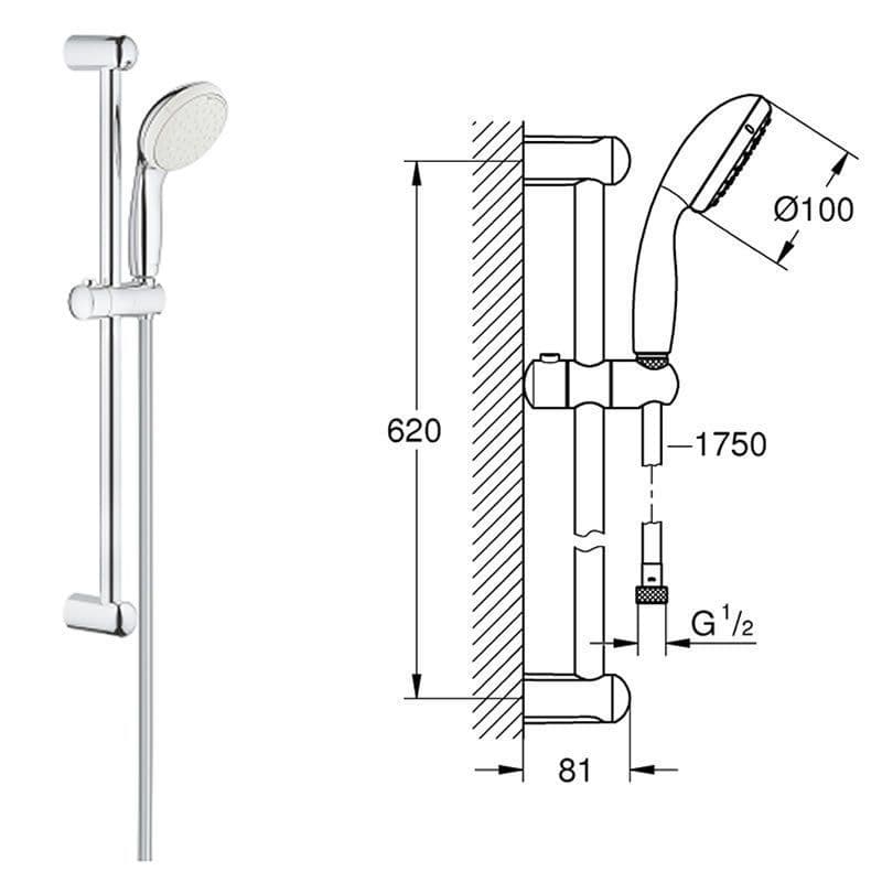 GROHE TEMPESTA 100 NEW 27598 001 SHOWER RISER RAIL KIT 2 SPRAY HEAD ...