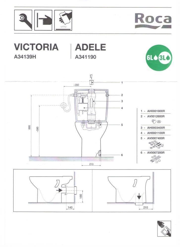 ROCA Dual Flush Drop Valve Syphon AH0004100R Complete Mechanism Half ...