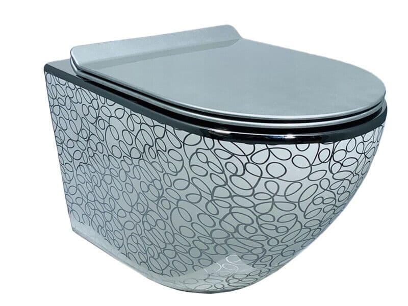 Silver Patterned Wall Hung Compact Rimless Toilet WC with Slim Soft ...