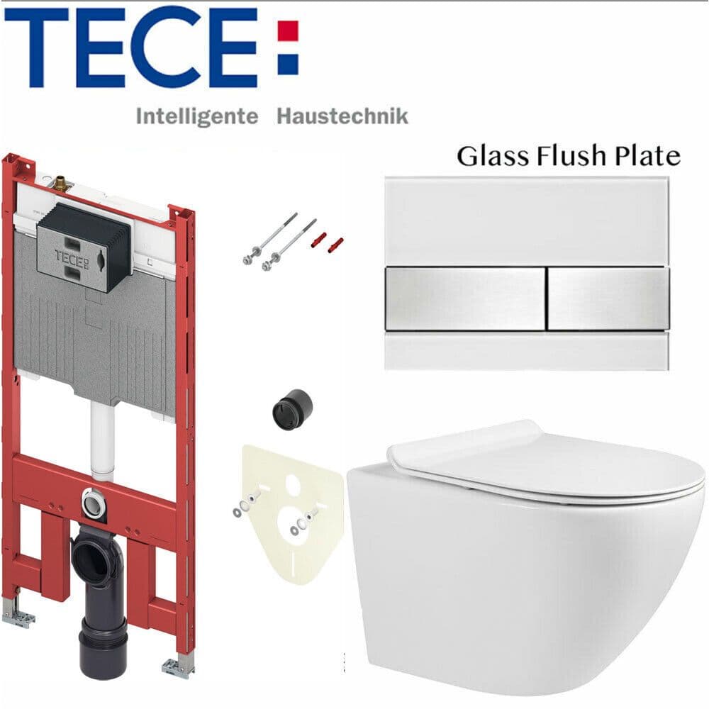 TECE 8cm SLIM FRAME GLASS FLUSH PLATE COMPACT RIMLESS WALL HUNG TOILET ...