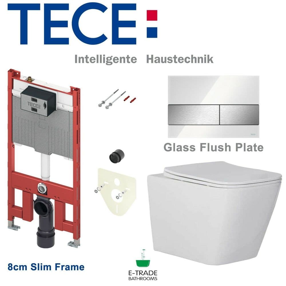 TECE 8cm SLIM FRAME GLASS FLUSH PLATE RIMLESS WALL HUNG TOILET SOFT CLOSING