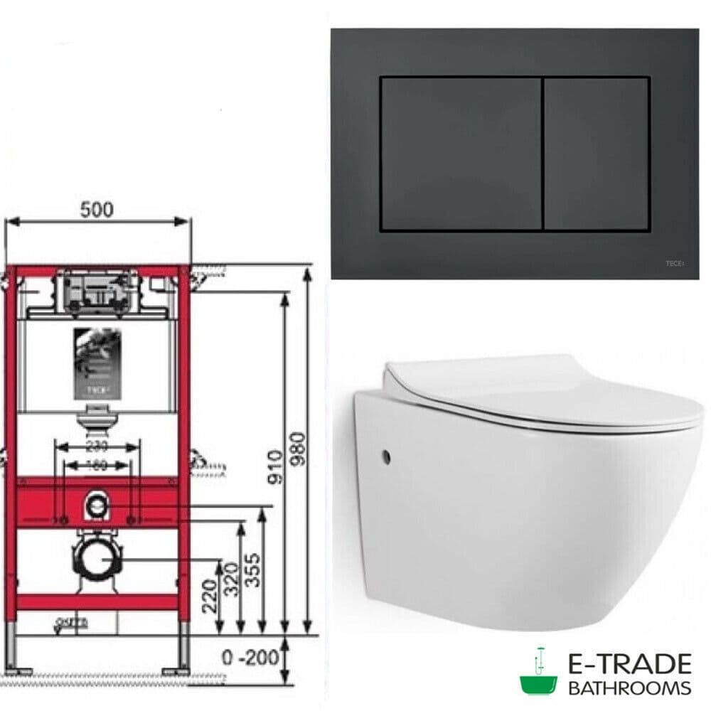 TECE 98cm Toilet Frame with Matt Black Flush Plate NOW Rimless Soft ...