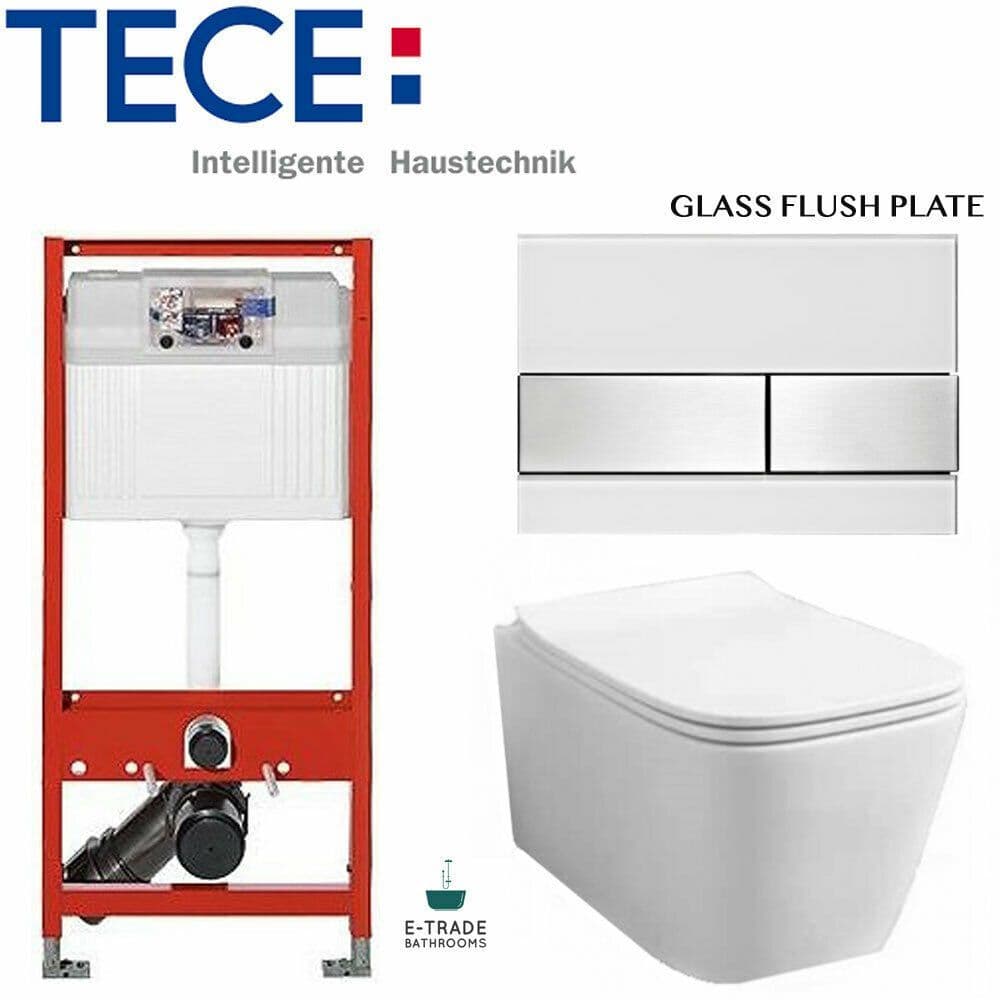 TECE TOILET FRAME 112 WHITE GLASS FLUSH PLATE WALL HUNG RIMLESS WC SOFT ...