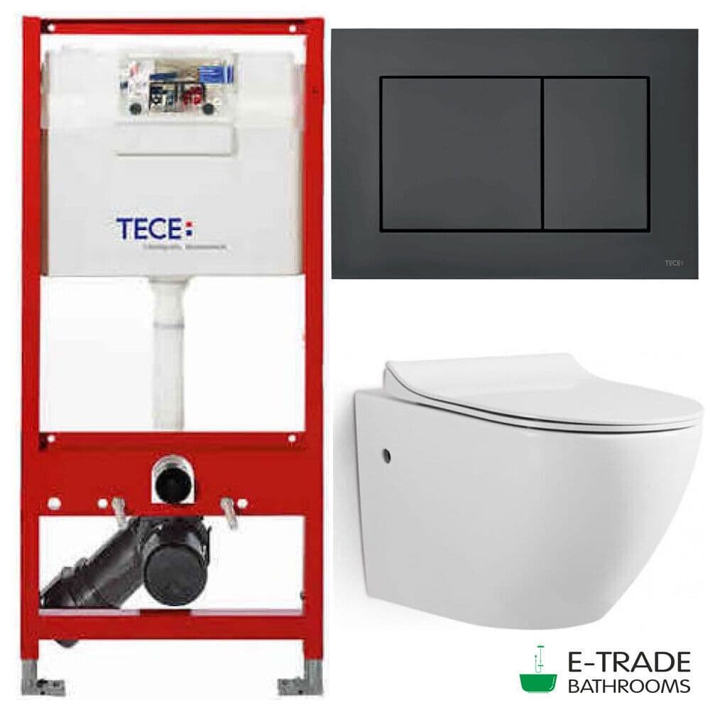 TECE TOILET Frame112cm Matt Black Flush Plate Compact Rimless WC Soft ...