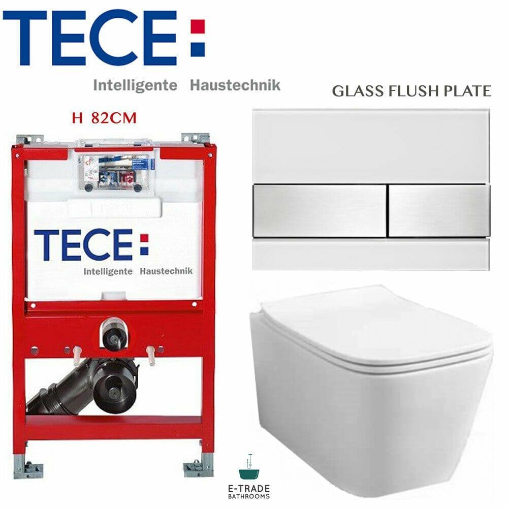 TECE WC SHORT FRAME 82cm GLASS FLUSH PLATE RIMLESS WALL HUNG TOILET ...