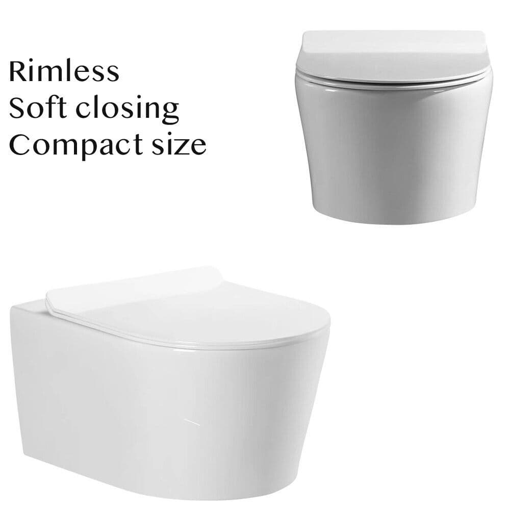 Wall Hung Compact Rimless Toilet WC with Slim Soft Closing Seat Easy ...