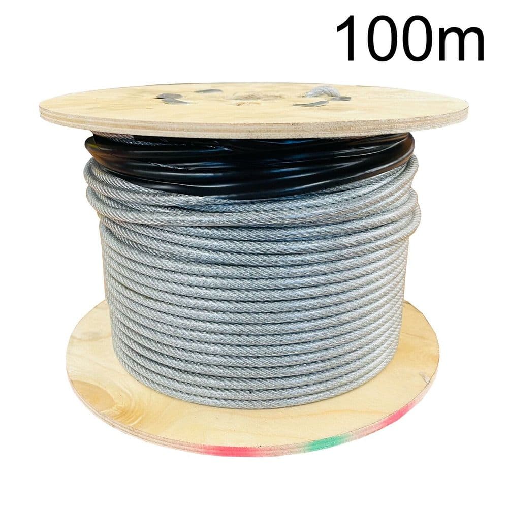 100 metres 3mm GALVANISED 7 x 7 WIRE ROPE CLEAR PVC COATED to 4mm gym ...