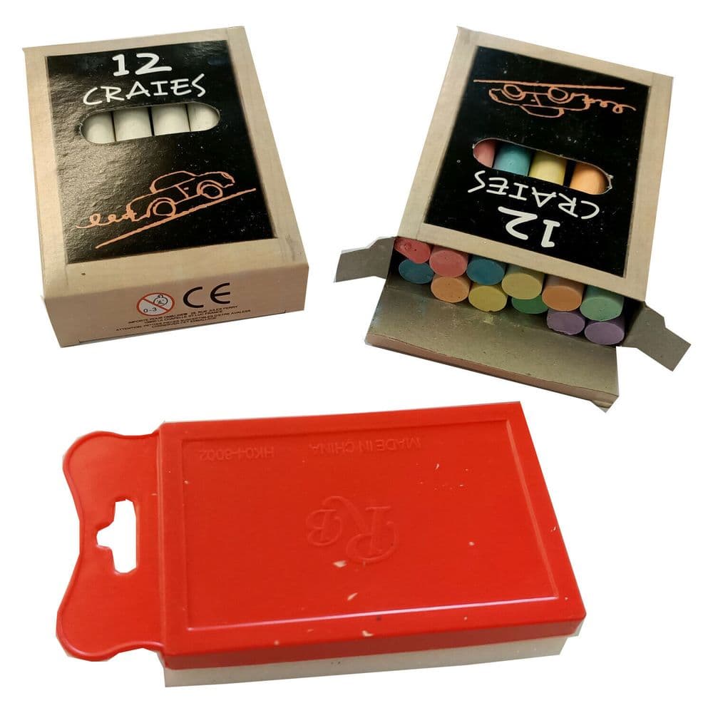 12 pcs COLOUR CHALKS 12 pcs WHITE BOARD ERASER kids art craft colouring